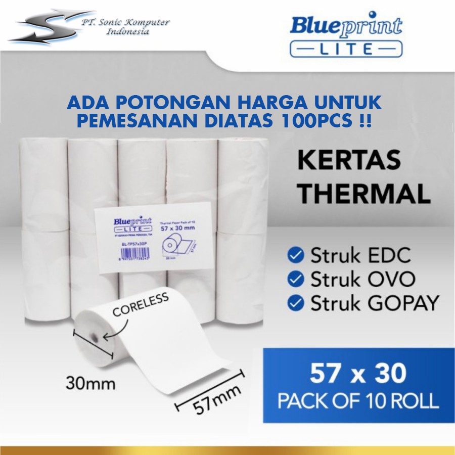 Jual Kertas Thermal Paper 57x30 mm Struk Kasir Nota BLUEPRINT Lite 57 x ...