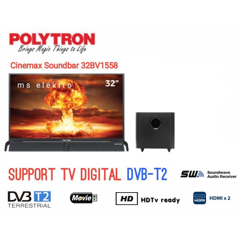Jual LED TV 32 inch Polytron Cinemax Soundbar Digital DVB T2 Speaker HD usb movie suara ngebass ...