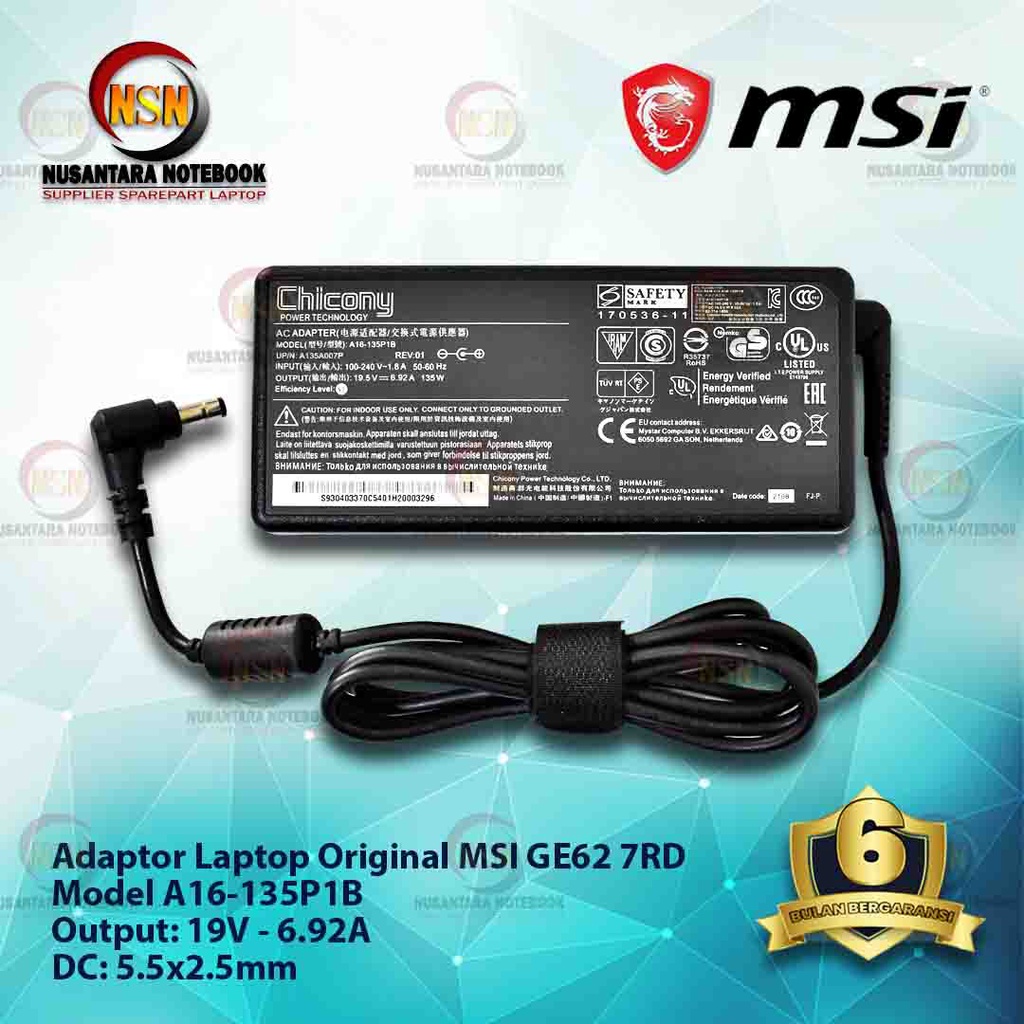 Jual Adaptor Original MSI GE62 GF62 GS73 19.5V 6.92A 135W DC 5.5x2.5mm ...