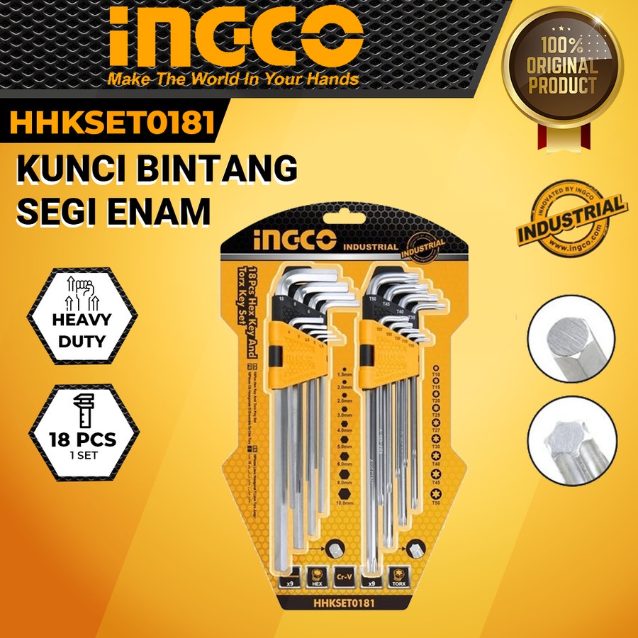 Jual Kunci Bintang Segi Enam INGCO HHKSET0181 SET 18Pcs Panjang Sedang ...