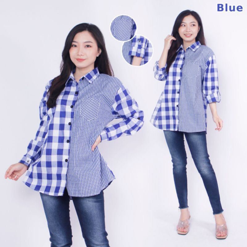 Jual Yohen Kemeja Wanita Kotak-Kotak / Kemeja Lengan Panjang | Shopee Indonesia