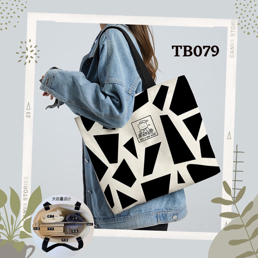 Jual Tote Bag Wanita Kanvas Besar - Motif Abstrak Doodle Print dengan Resleting & Tali Panjang ...