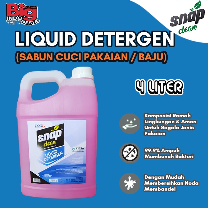Jual Sabun Cuci Baju Detergen Pakaian Laundry Deterjen Matic Cair Snap Clean 4 Liter | Shopee ...
