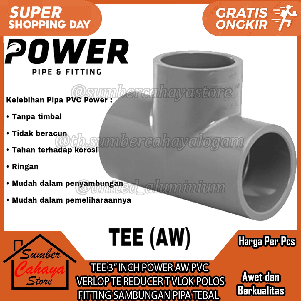 Jual TE FITTING POWER AW 3"INCH PVC VERLOP TEE REDUCER VLOK POLOS SAMBUNGAN LETER T PIPA TEBAL ...