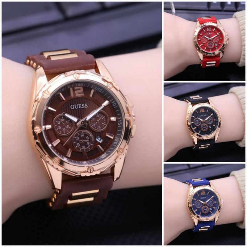 Jual Jam Tangan Wanita Fashion Guess Crono Variasi Tannggal Aktif Strap ...