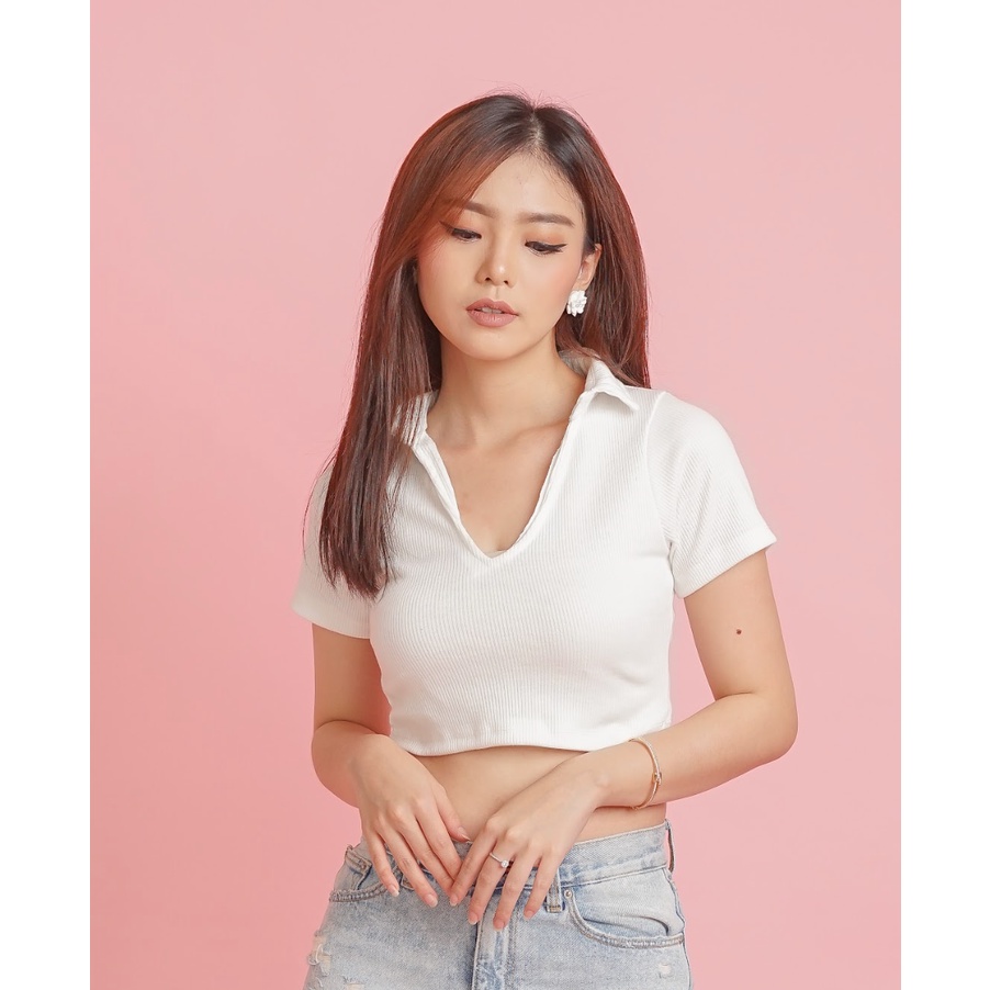 Jual CAVALU Knit Crop Top Korea Kaos Kerah Wangky Polo Shirt Baju Kerja ...
