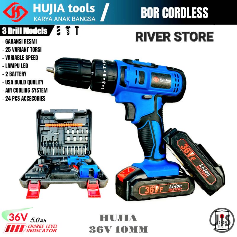 Jual Mesin Bor Cordless 10MM Hujia 36V Type 1036 Baterai Impact Drill ...