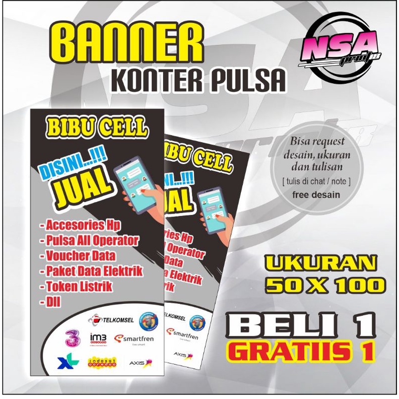 Jual cetak banner spanduk konter pulsa, ukuran 50×100 beli 1 gratis 1, bisa request dan gratis ...