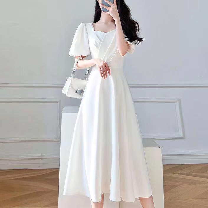 Jual Gaya dewi Korea baru leher persegi gaun / rok gaun putih | Shopee ...