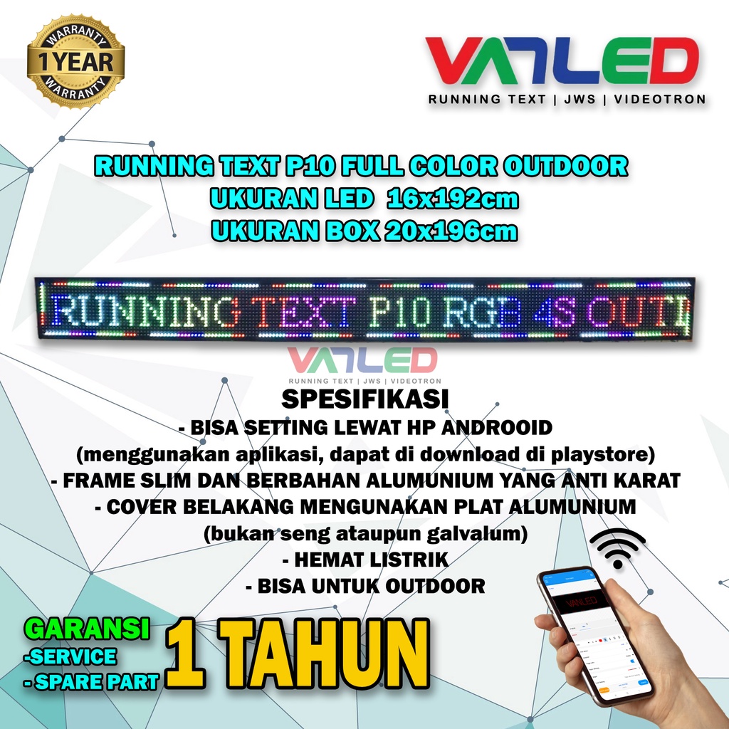 Jual Led Running Text Outdoor P10 RGB Fullcolor Ukuran 20x196cm ...