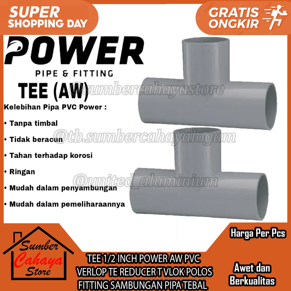 Jual TEE 1/2 INCH POWER AW PVC VERLOP TE REDUCER VLOK POLOS FITTING SAMBUNGAN LETER T PIPA TEBAL ...