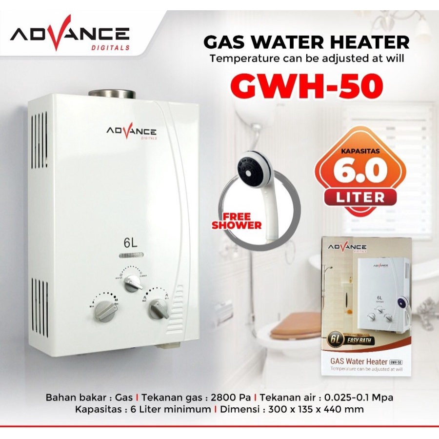Jual ADVANCE Water Heater Gas 6 Liter GWH-50 Pemanas Air Gas | Shopee Indonesia