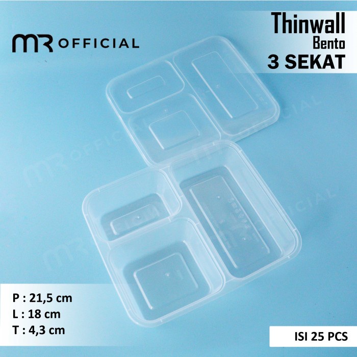 Jual bento 3 sekat thinwall box / kotak makan 3 sekat tebal foodgrade ...