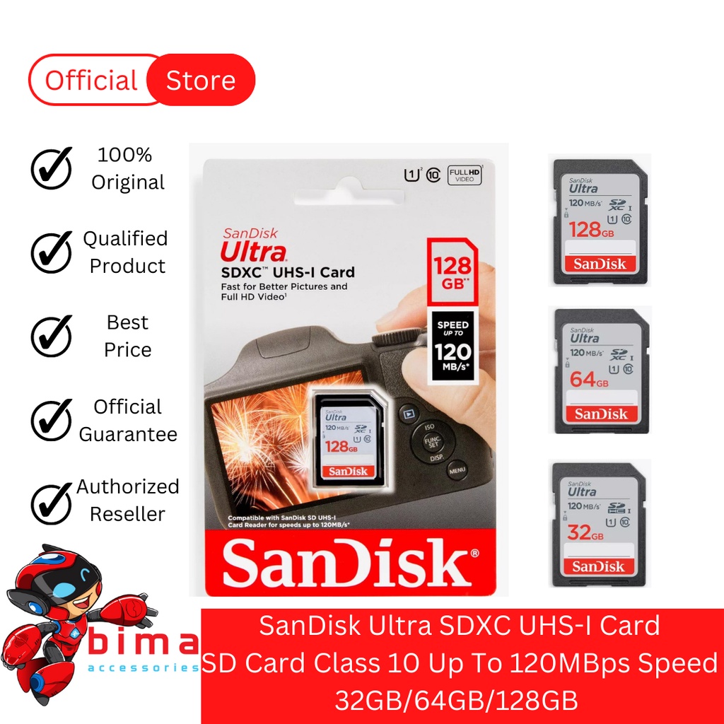 Jual SANDISK SD Card Camera SDHC 32GB / 64GB /128GB CLASS10 Speed 140Mbps Ultra Series memory ...