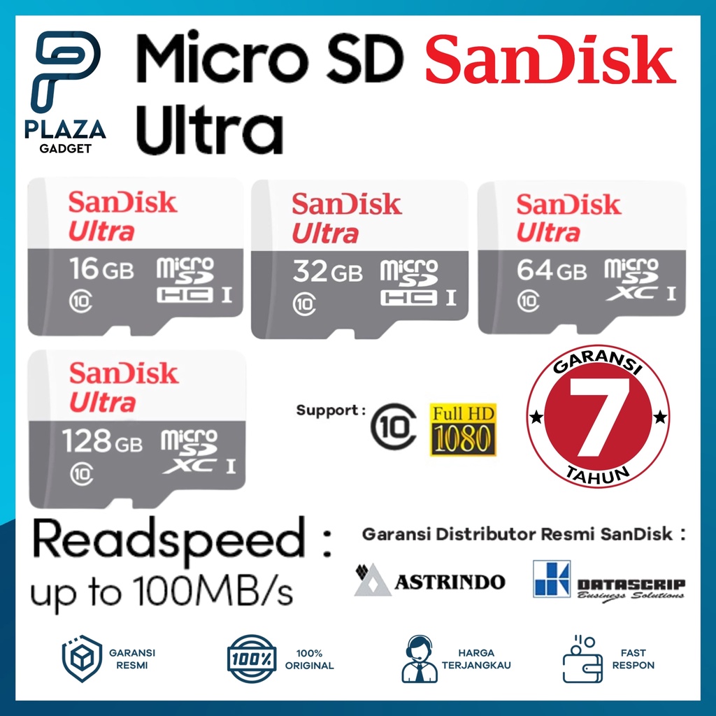 Jual Memory Card MicroSD Sandisk Ultra SDHC SDXC UHS-I 16GB 32GB 64GB 128GB Class 10 100MBPS ...