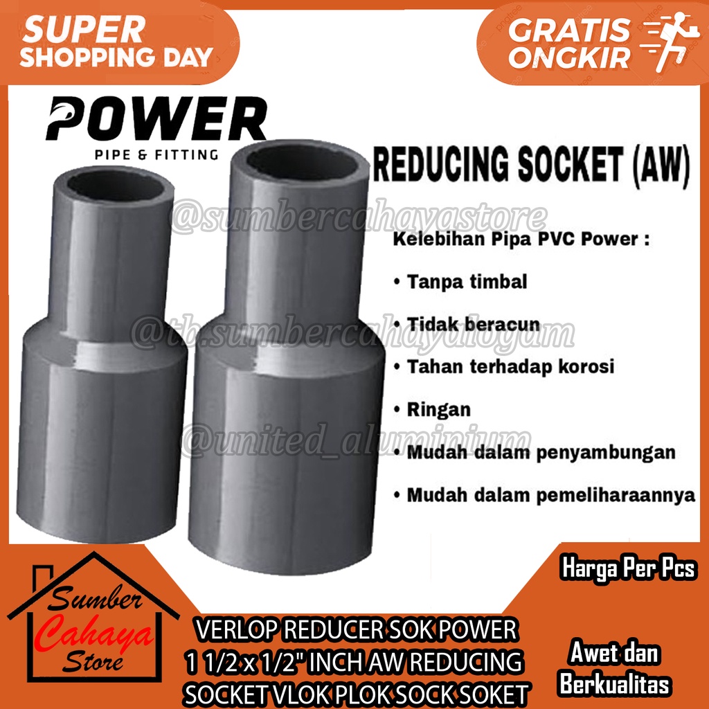 Jual VLOK SOK SOKET REDUCING SOCKET REDUCER SOK POWER 1 1/2 x 1/2" INCH AW VERLOP VLOK PLOK SOCK ...