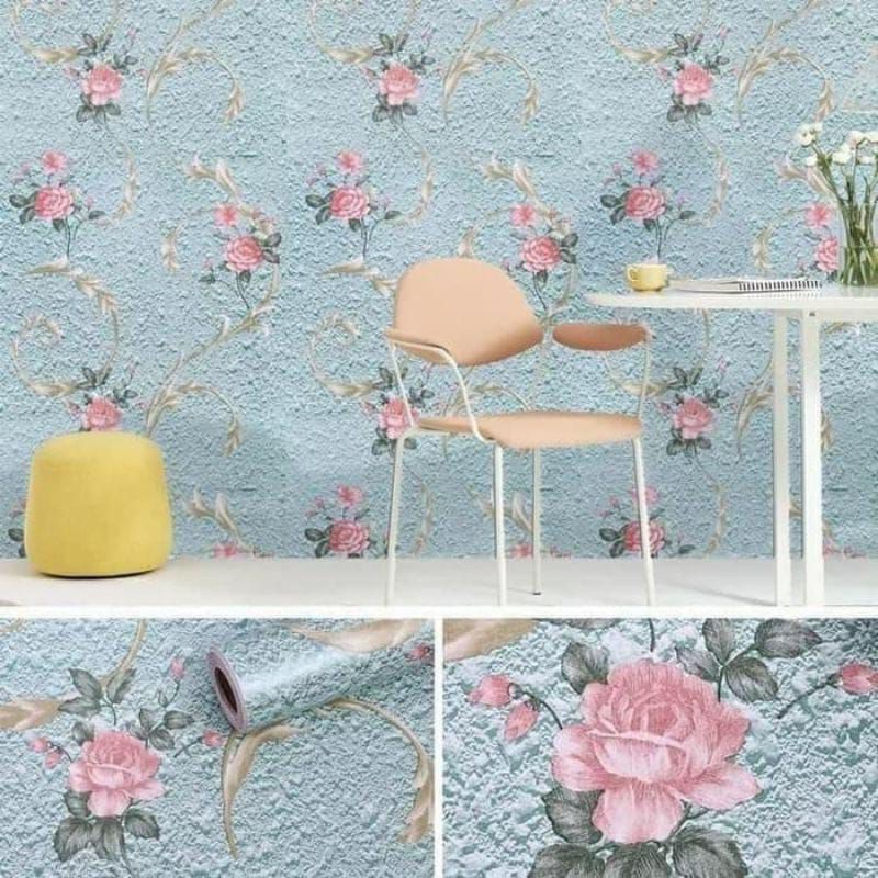 Jual Wallpaper Sticker Dinding Biru Bertekstur Bunga Mawar Pink Mewah ...