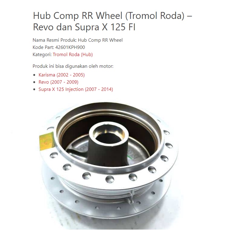 Jual 42601KPH900 Hub Comp RR Wheel (Tromol Roda) – Revo dan Supra X 125 ...