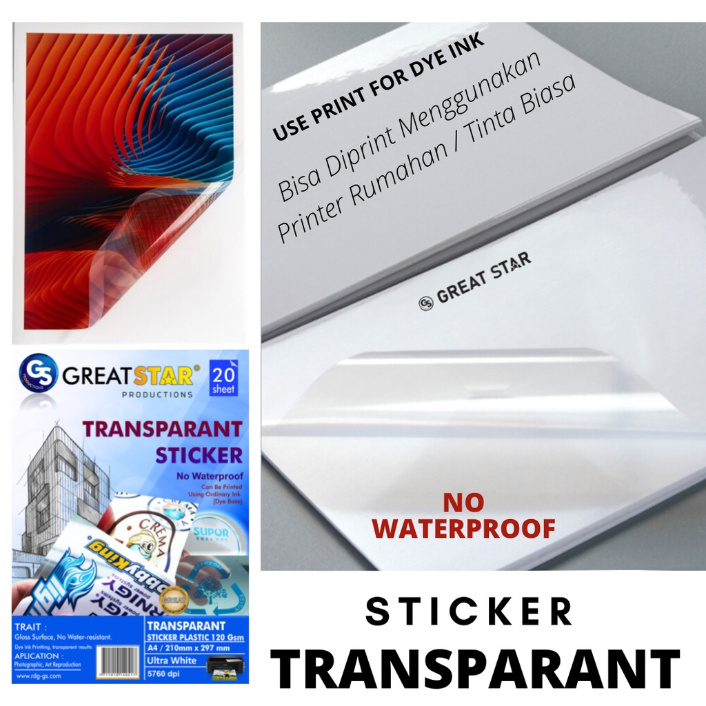 Jual STICKER TRANSPARANT GREAT STAR A4 NO WATERPROOF (support dye ink ...