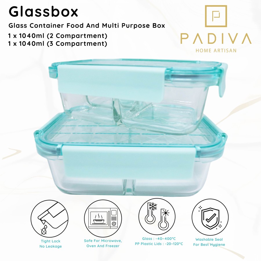 Jual Padiva 1040ml Aqua Mix 2+3compartments Crystal Glassbox - Kotak kaca tahan panas microwave ...