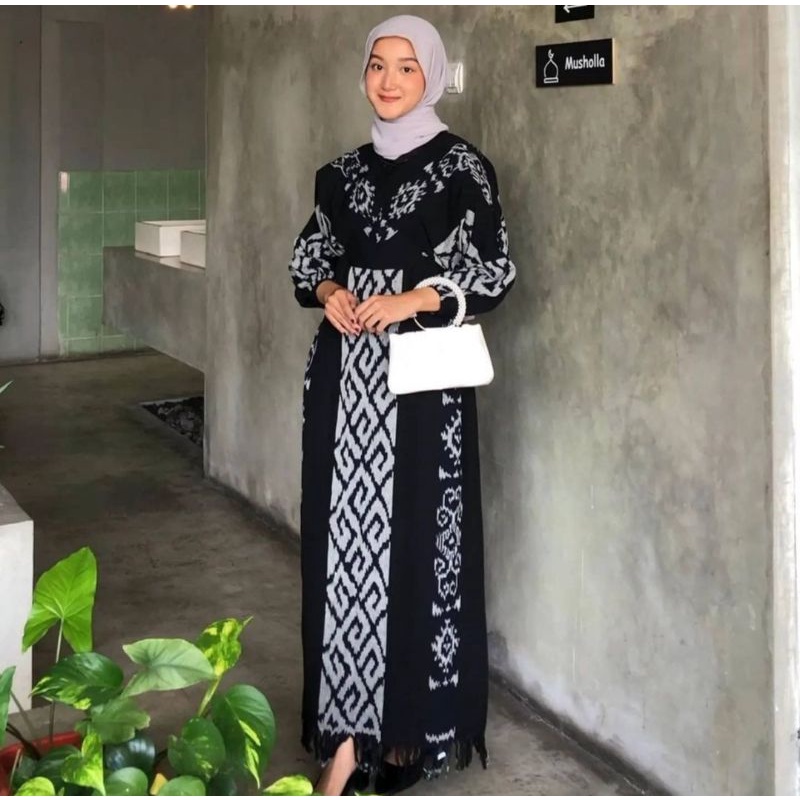 Jual Long Dress Panjang Gamis Tenun Blanket Etnik Tradisional Troso Jepara Motif Toraja Hitam ...