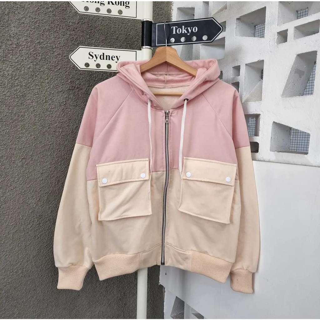 Jual TWO TONE POCKET ZIPPER JACKET | JACKET WANITA BERTUDUNG VARIASI ...