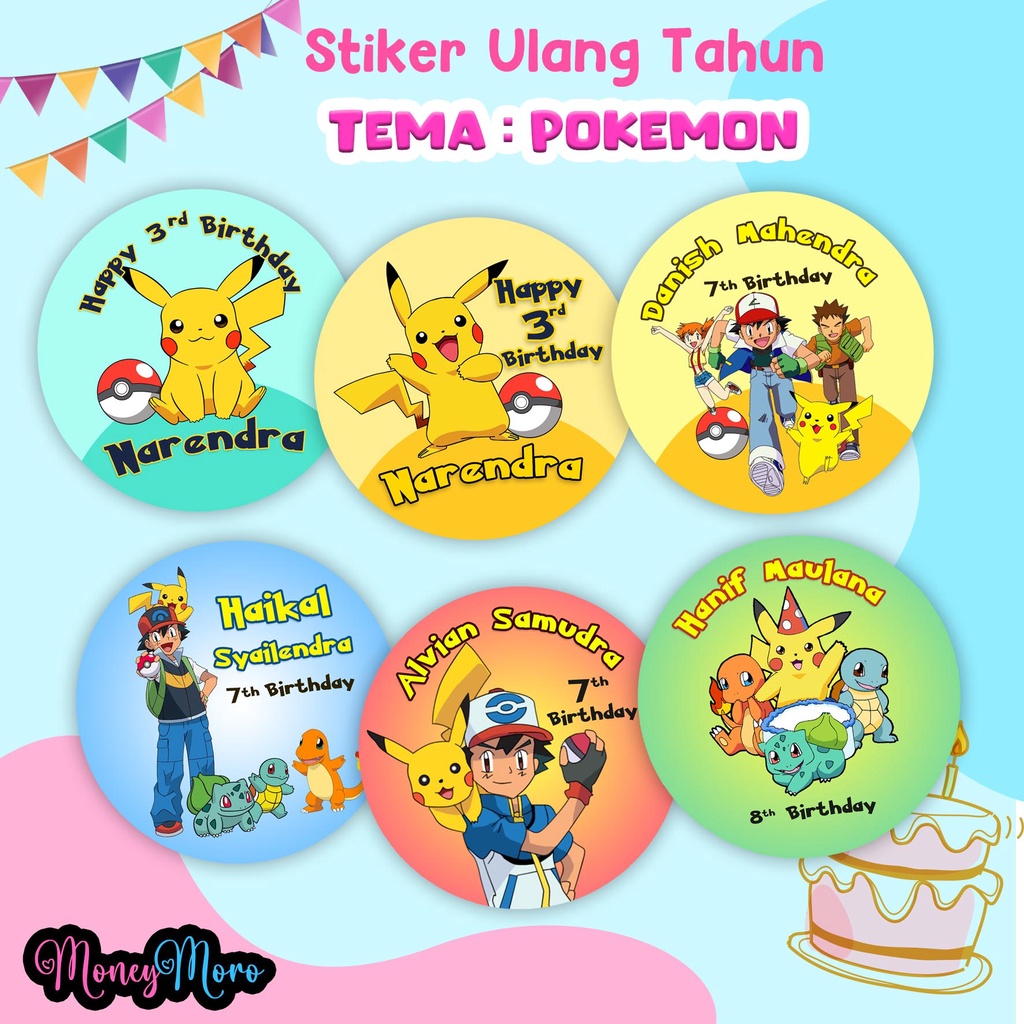 Jual MoneyMoro Stiker Bulat Custom Pokemon / Label Ulang Tahun Custom ...