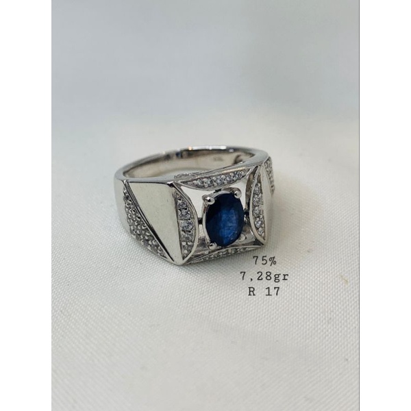 Jual Cincin Cowok Emas Asli Putih Kadar 750 75% Batu Biru Permata Size ...