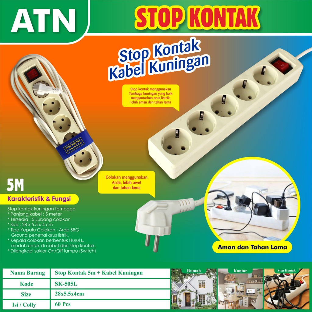 Jual ATN Stop Kontak Terminal 3 , 4 , 5 Lubang + Kabel Steker Arde ...