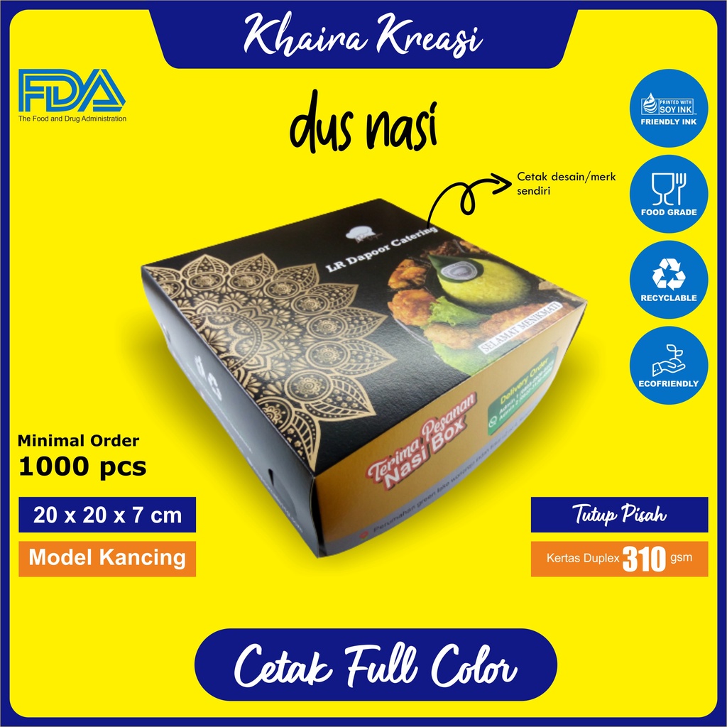 Jual Cetak Custom Dus Nasi / Dus Catering / Kotak Nasi / Ukuran 20x20x7 cm (Tutup Pisah) / Cetak ...