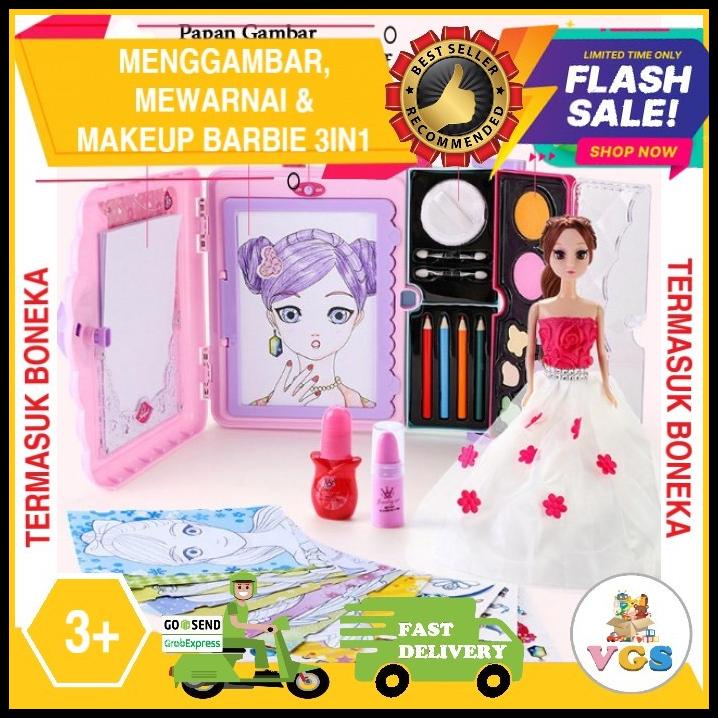 Jual Mainan Anak 3 In 1 Menggambar +Mewarnai Make Up Barbie | Shopee ...