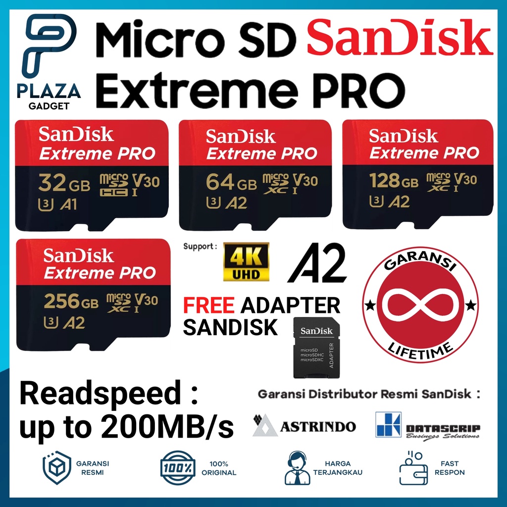 Jual Micro SD Memory Card SanDisk 32GB 64GB 128GB 256GB A1 A2 Extreme PRO 100MBPS 200MBPS ...