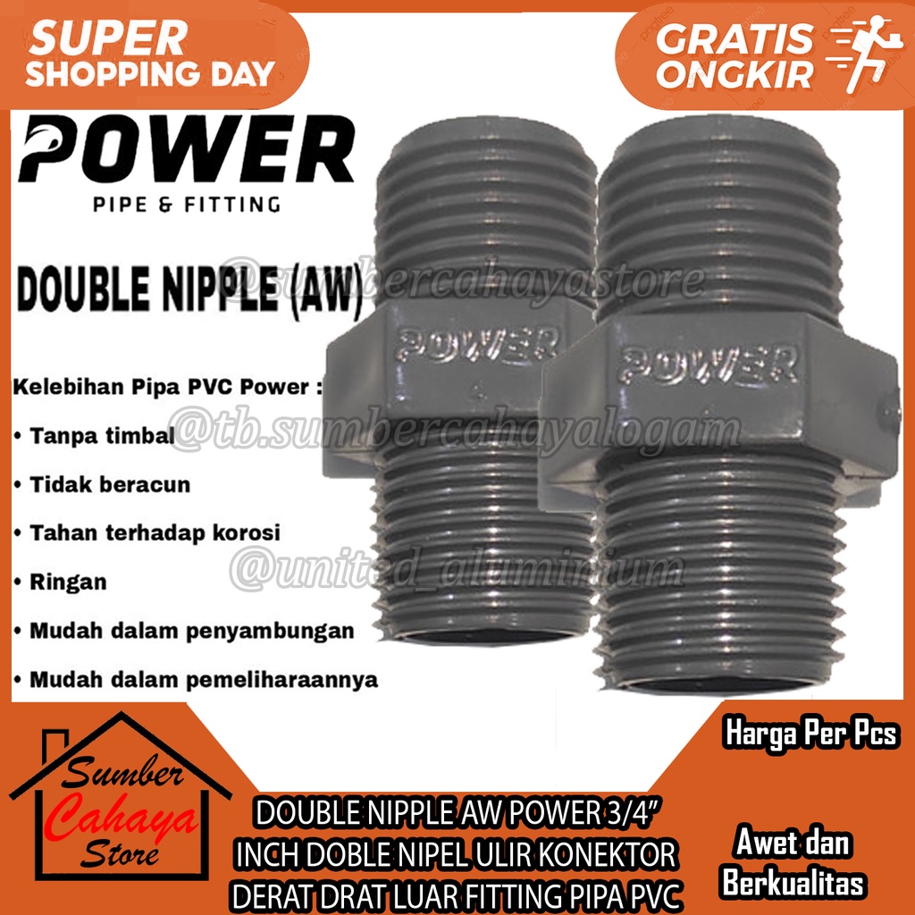 Jual DOBLE NIPEL ULIR DOUBLE NIPPLE AW POWER 3/4”INCH KONEKTOR DRAT LUAR FITTING PIPA PVC DOUBEL ...