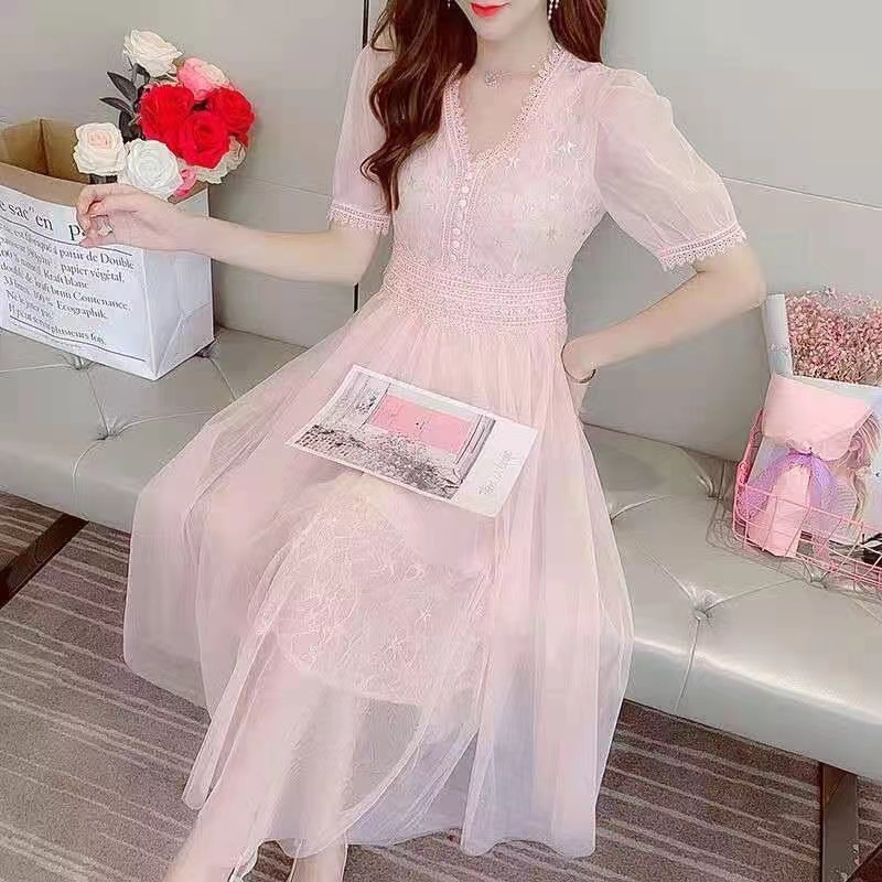 Jual 2025 New Korean High class Mesh Lace Dress/long dress/korea dress ...
