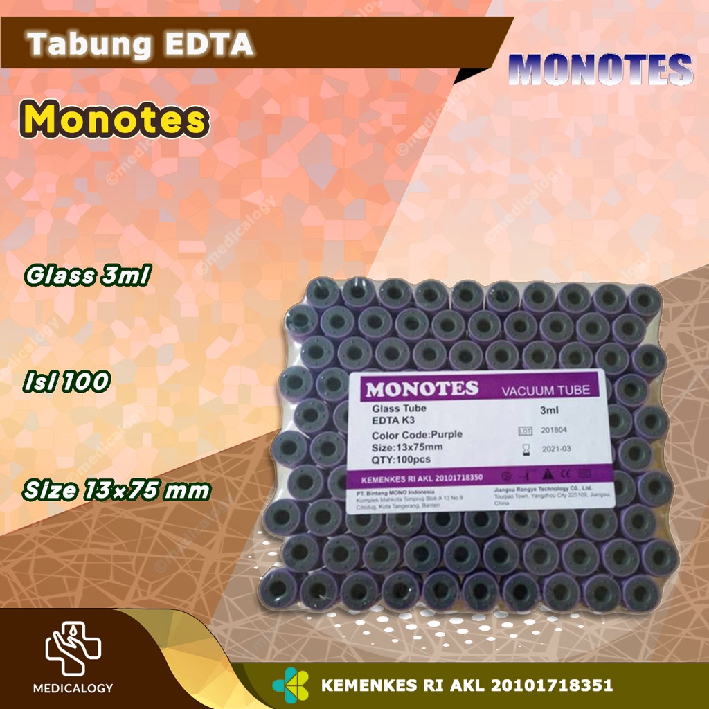 Jual Tabung EDTA Glass 3ml Monotes isi 100 | Shopee Indonesia