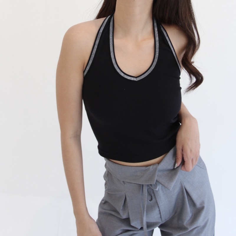 Jual VIE TOP | Ribbed Knit Halter Neck V-shaped Tank Tanktop Summer ...