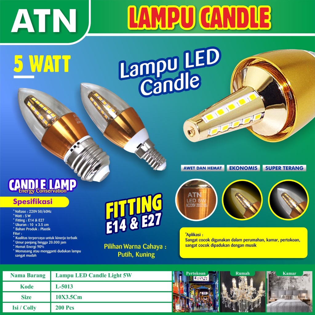 Jual COD-Lampu ATN candel LED bohlam CANDEL (CANDLE) SMD 5watt E14 dan ...