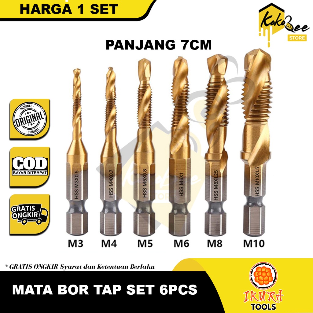 Jual Mata bor pembuat ulir drat 6pcs drill tap set M3-M10 hex twist drill panjang total mata bor ...