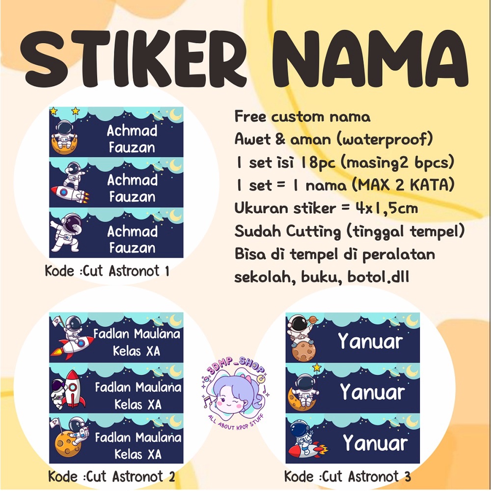 Jual Stiker label nama custom request buku botol cutting anak perempuan ...