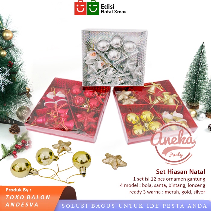Jual Set Hiasan gantung Pohon Natal metalik / Ornamen Dekorasi Parcel ...