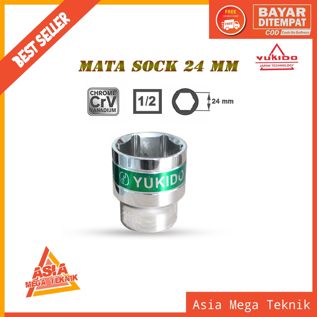 Jual YUKIDO Mata sock 24 mm 1/2 DR 6 PT mata kunci sok chrome vanadium | Shopee Indonesia