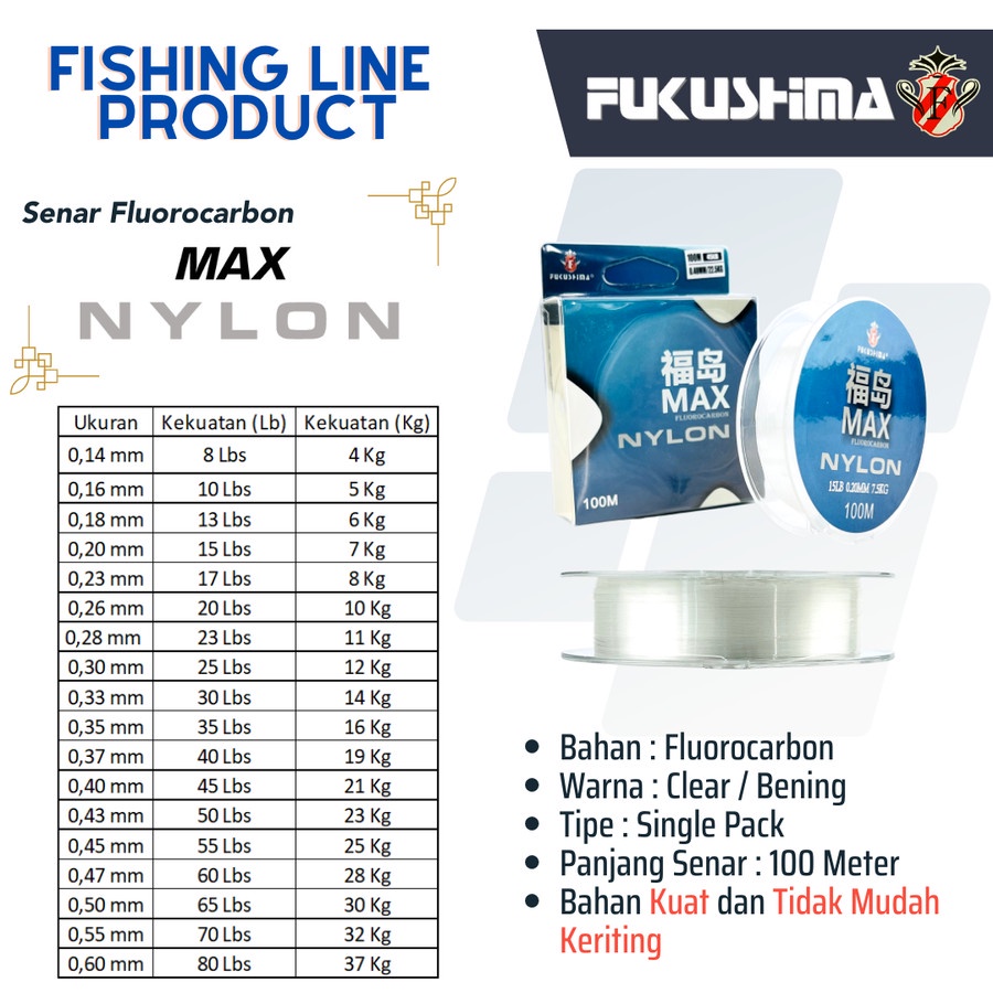 Jual Senar Pancing Fluorocarbon Fukushima Max Nylon 100 meter | Shopee Indonesia