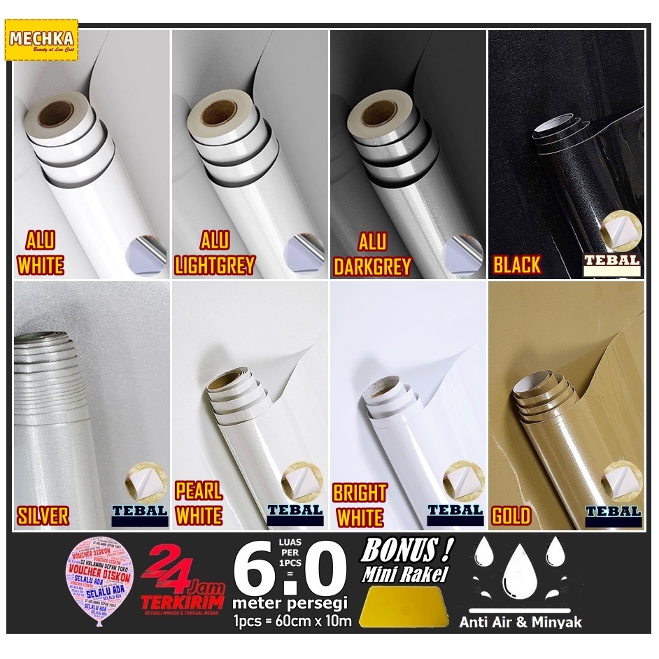 Jual Mechka PVC Sheet Sticker /10m Polos Glossy Stiker Wallpaper Kilap ...