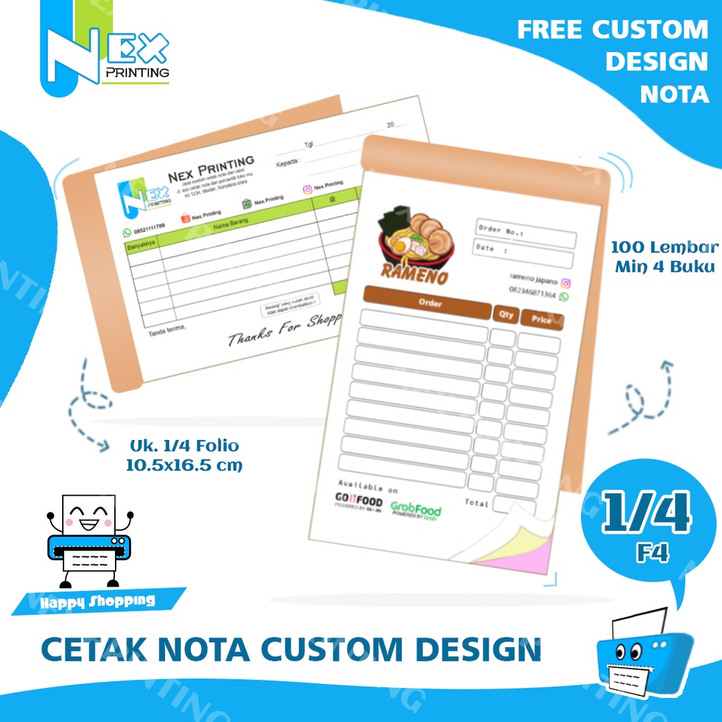 Jual Cetak Nota Ukuran 1/4 Folio Bon Faktur Online Ofline Emas Restoran ...