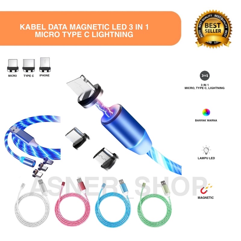 Jual Kabel Data Magnet 3 in1 Micro Lampu led Lightning Tipe C usb cable Magnetic all tipe ...