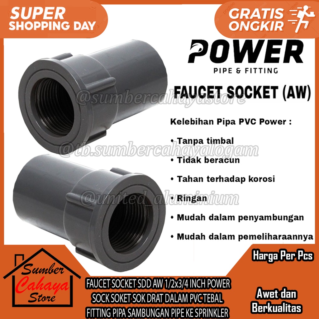 Jual SDD AW 1/2x3/4" INCH FITTING PIPA PVC POWER SOCK SOK DRAT DALAM FAUCET SOCKET TEBAL ...