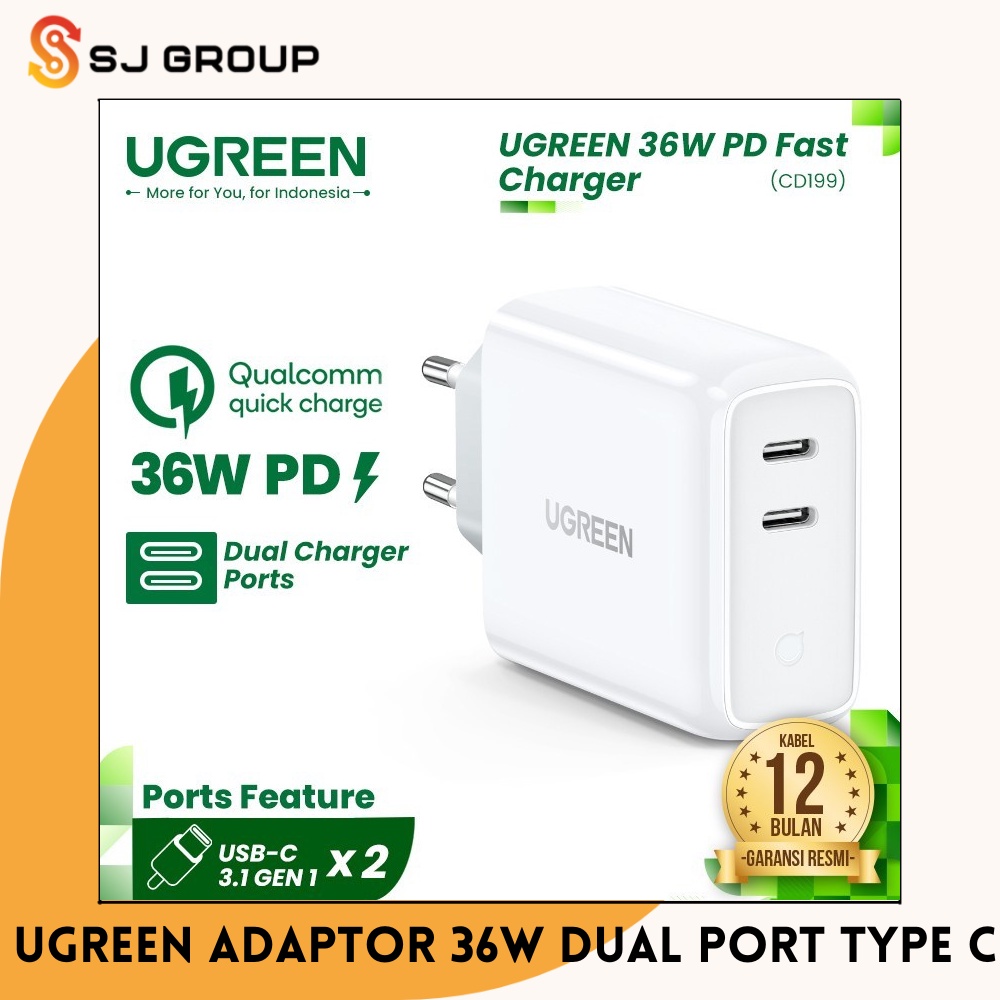 Jual UGREEN Adaptor 36W Dual Port USB Type C Wall Charger Adapter 18W ...