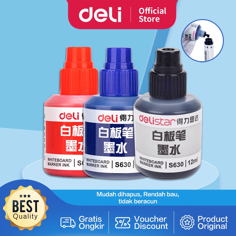 Jual Deli Tinta Isi Ulang Spidol Erase Marker Hitam Merah Biru S630 ...