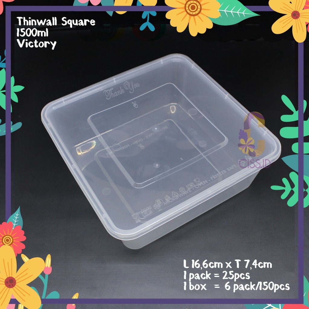 Jual KOTAK MAKAN PLASTIK THINWALL 1500ML SQUARE KOTAK VICTORY 1PACK ISI ...