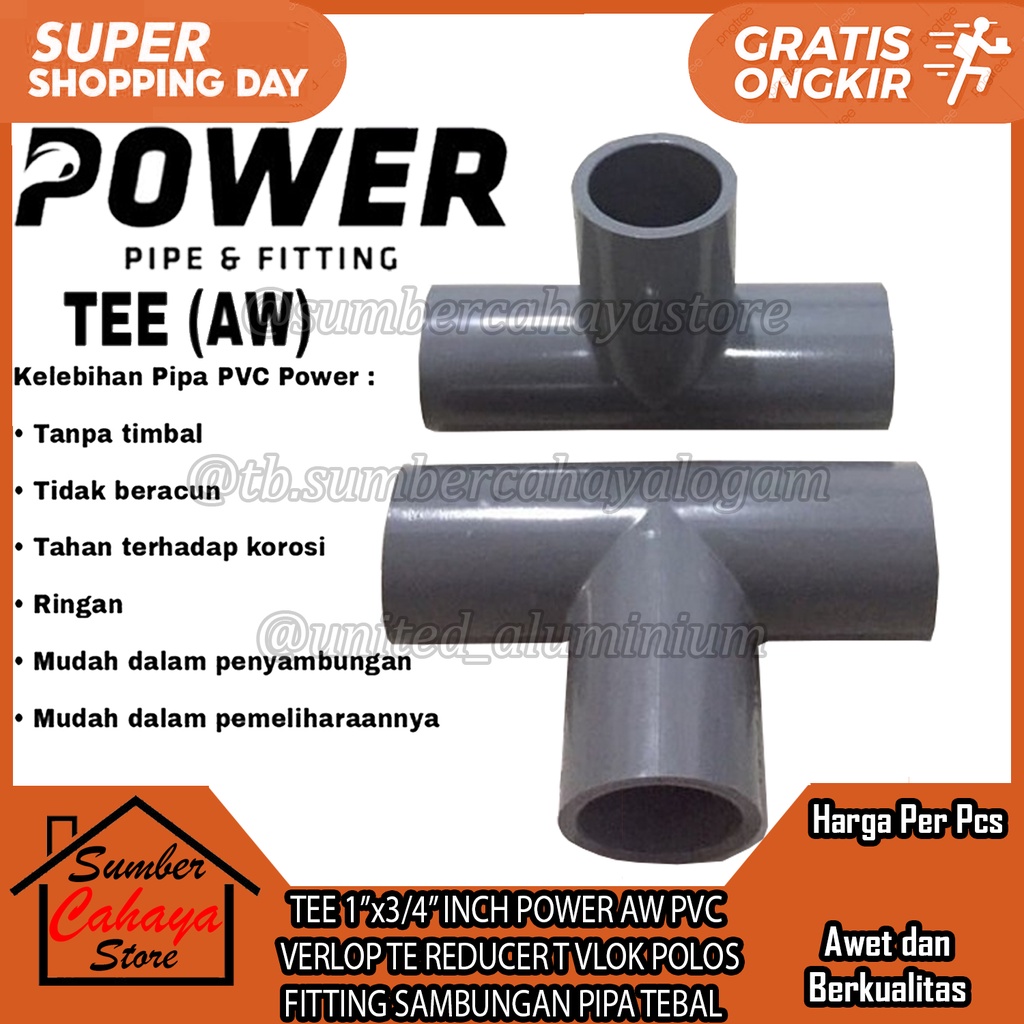 Jual TEE 1"x3/4" INCH POWER AW PVC VERLOP TE REDUCER VLOK POLOS FITTING SAMBUNGAN LETER T PIPA ...